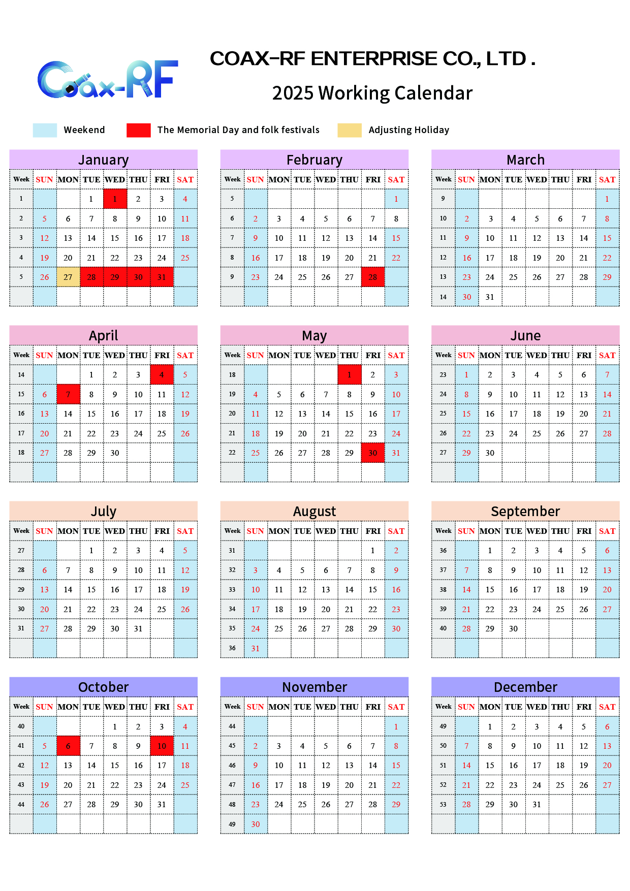 2025 COAX-RF Working Calendar - COAX-RF Enterprise Co., Ltd.